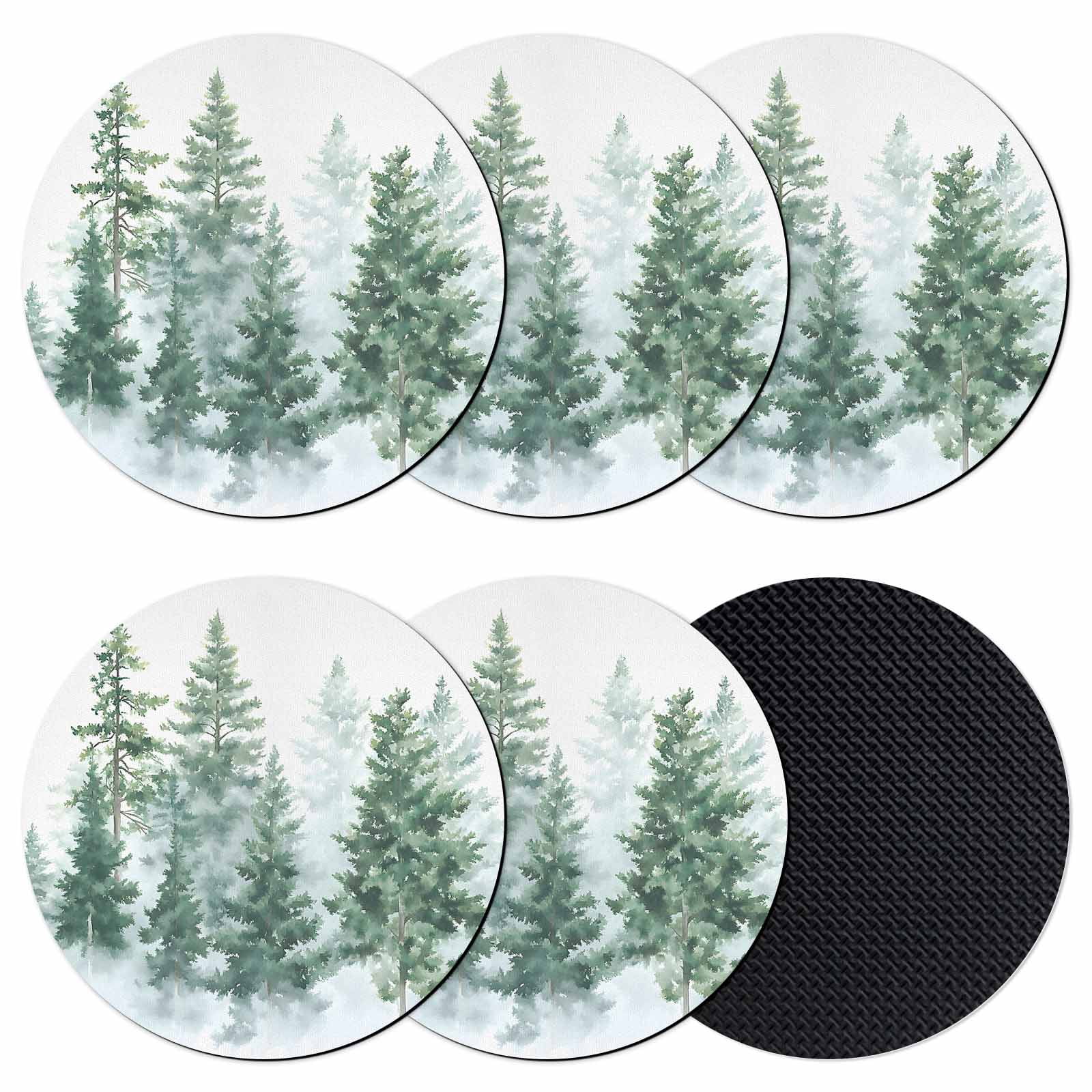 Forest Green Coasters Set of 6, Spring Summer Watercolor Pine Tree ...