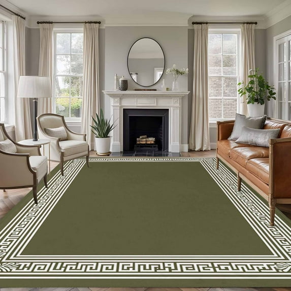 Forest Green Geometric 5x8 Area Rugs, White Greek Key Design Abstract ...