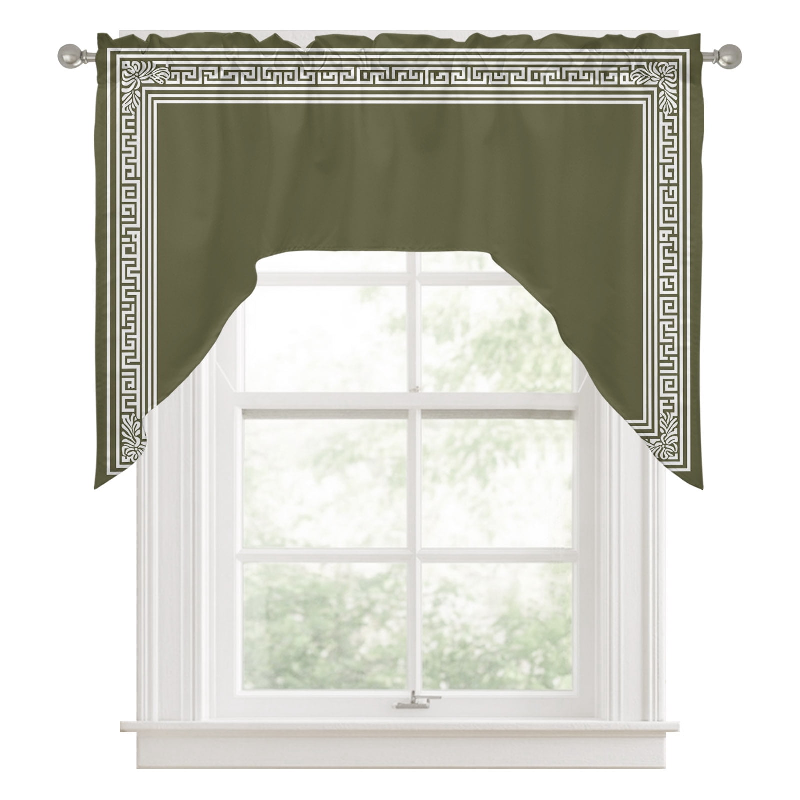 Forest Green Geometric Swag Valances for Windows, White Greek Key ...