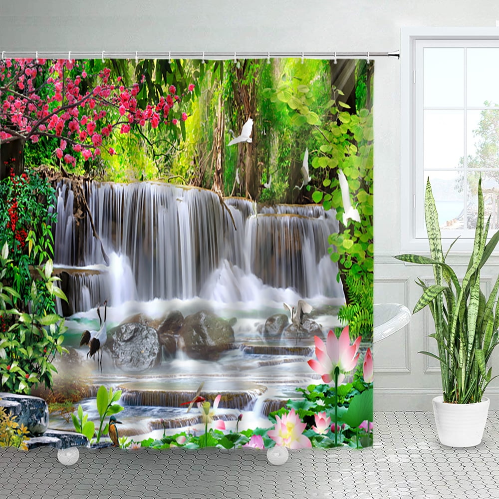 Forest Green Plants Waterfall Shower Curtain Set White Swan Fish Lotus ...