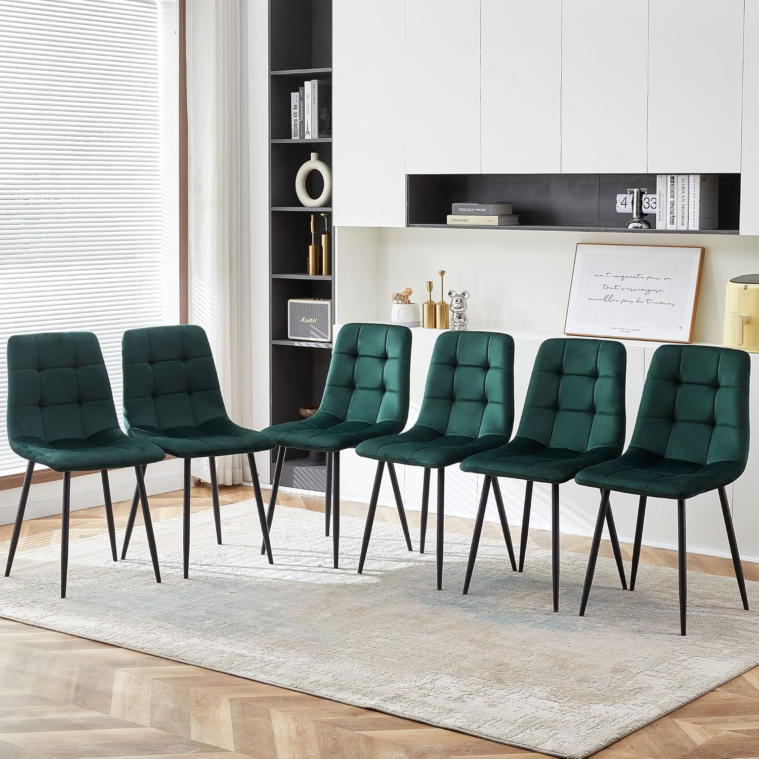 Forest Green Velvet Dinner Chairs Set of 4 Modern Armless Biscuit ...