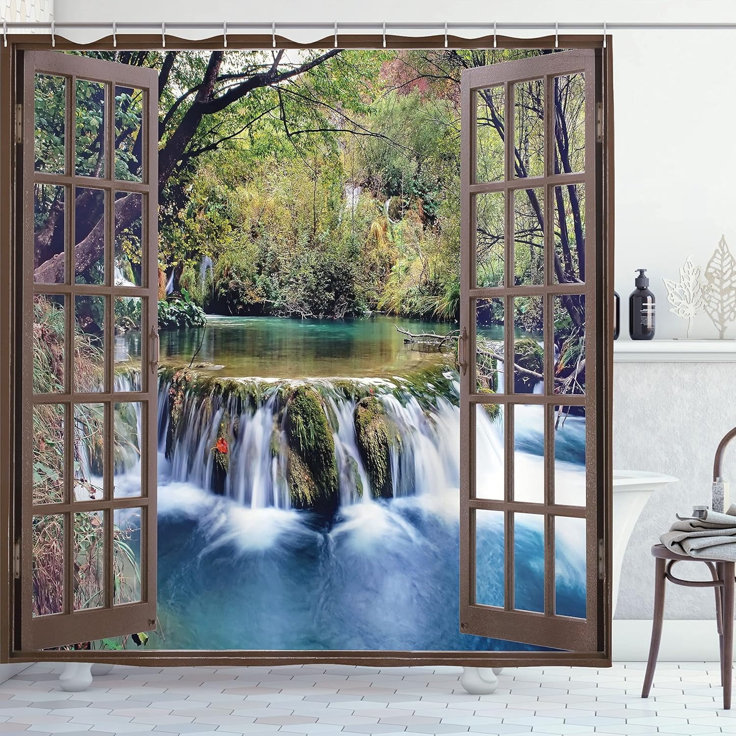 Forest Green Waterfall Shower Curtain, Wide Waterfall Deep Down in The ...