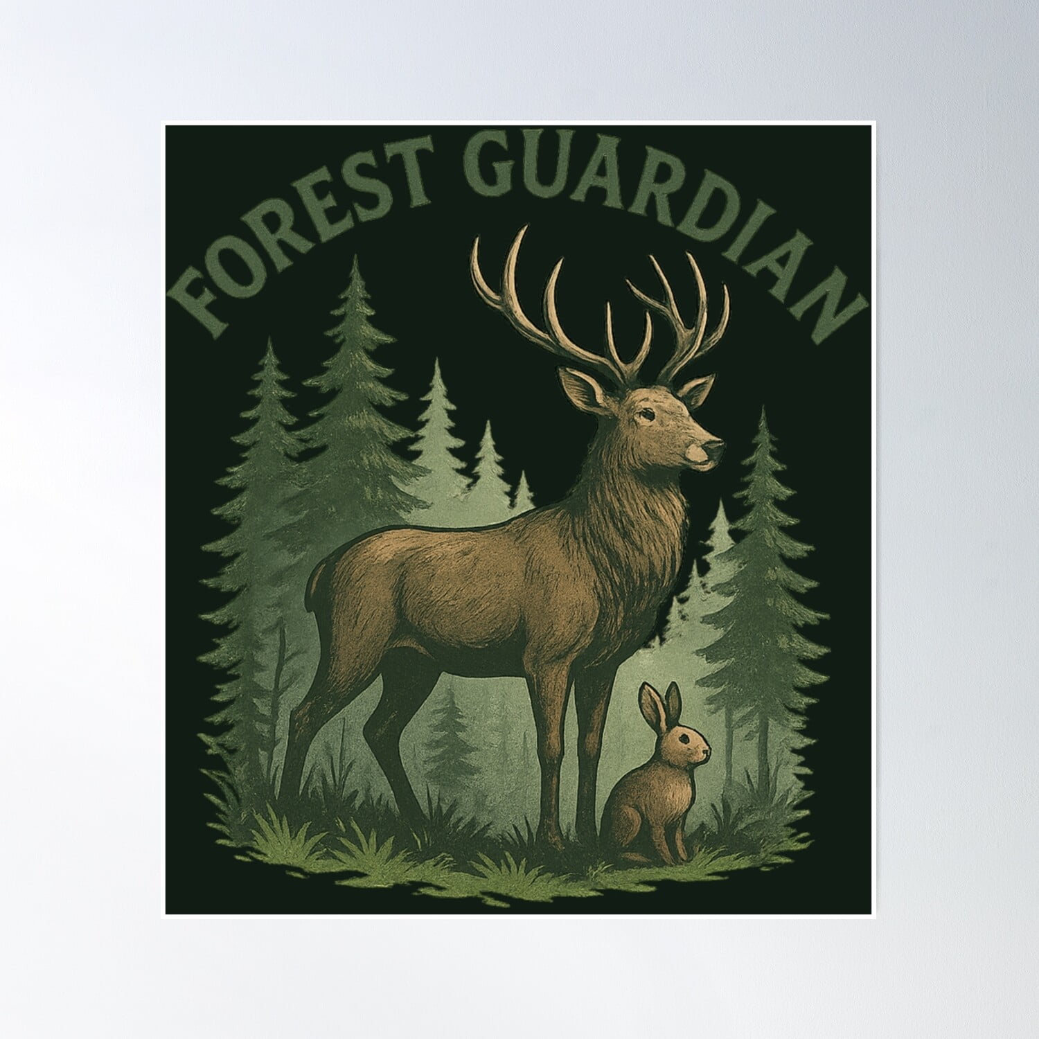 Forest Guardian – Stag & Rabbit In Pines Poster Wall Art, Modern Wall ...