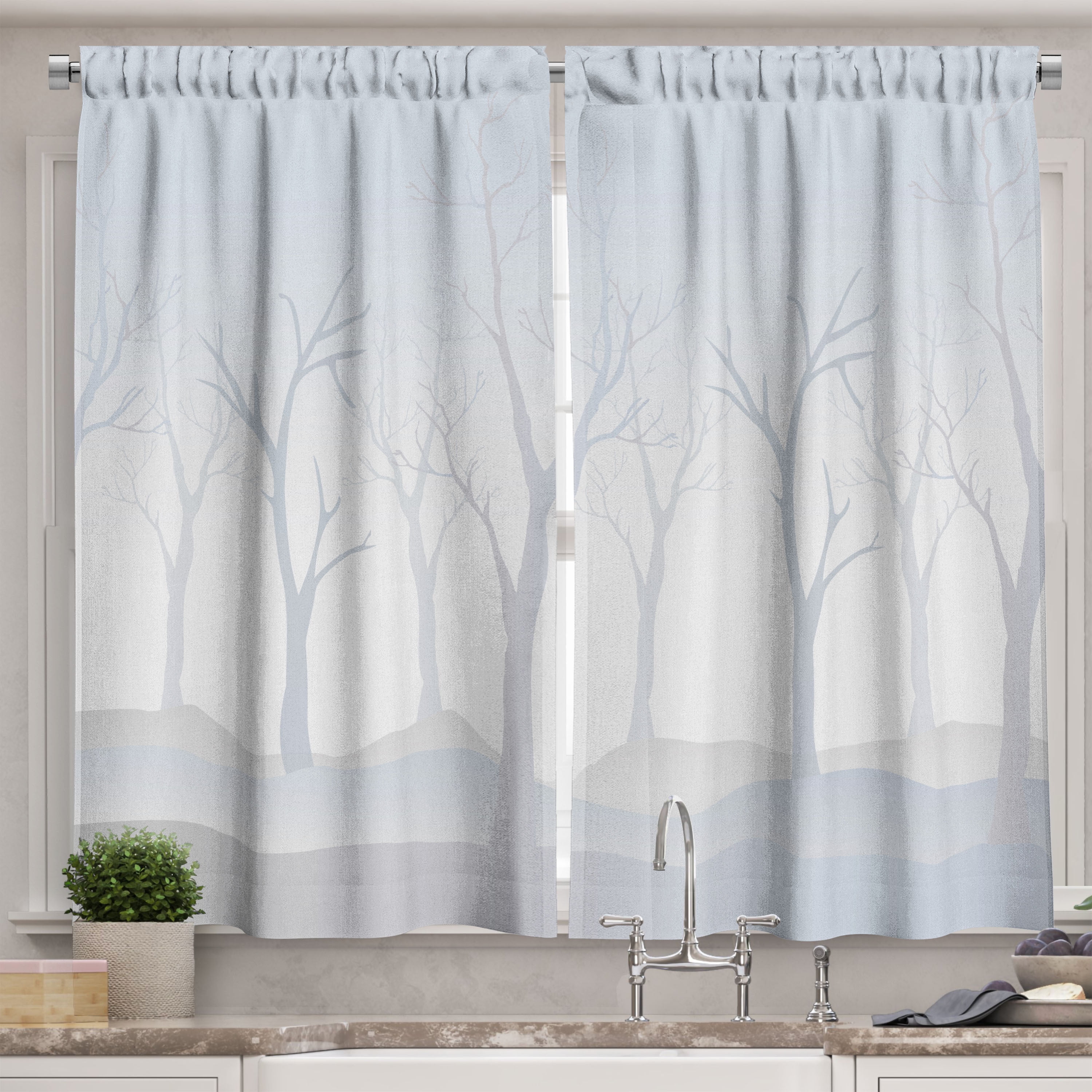 Forest Kitchen Curtains, Foggy Illustration of a Woodland Cloudy Misty ...