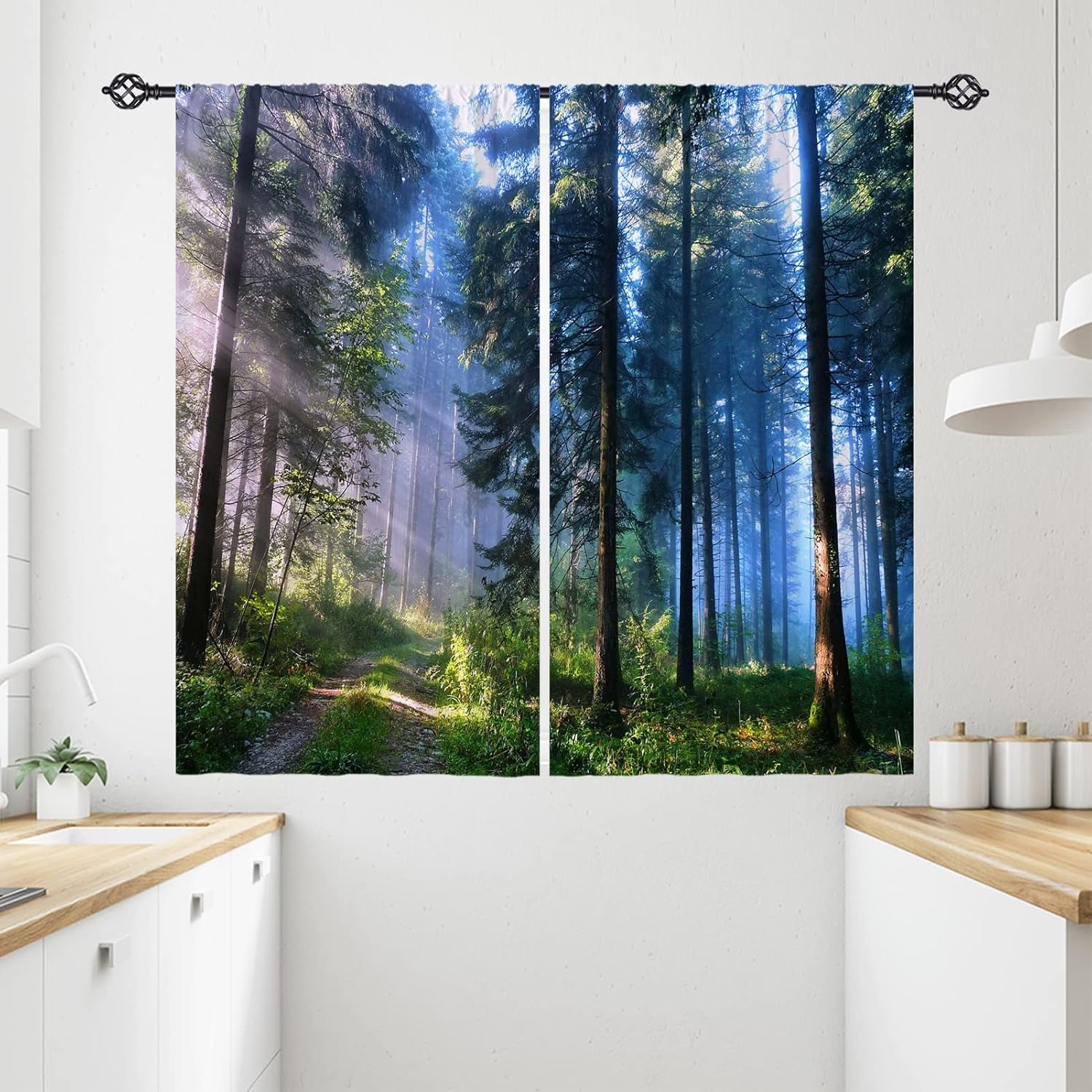 Forest Kitchen Curtains Nature Landscape Theme Misty Forest Sunshine ...