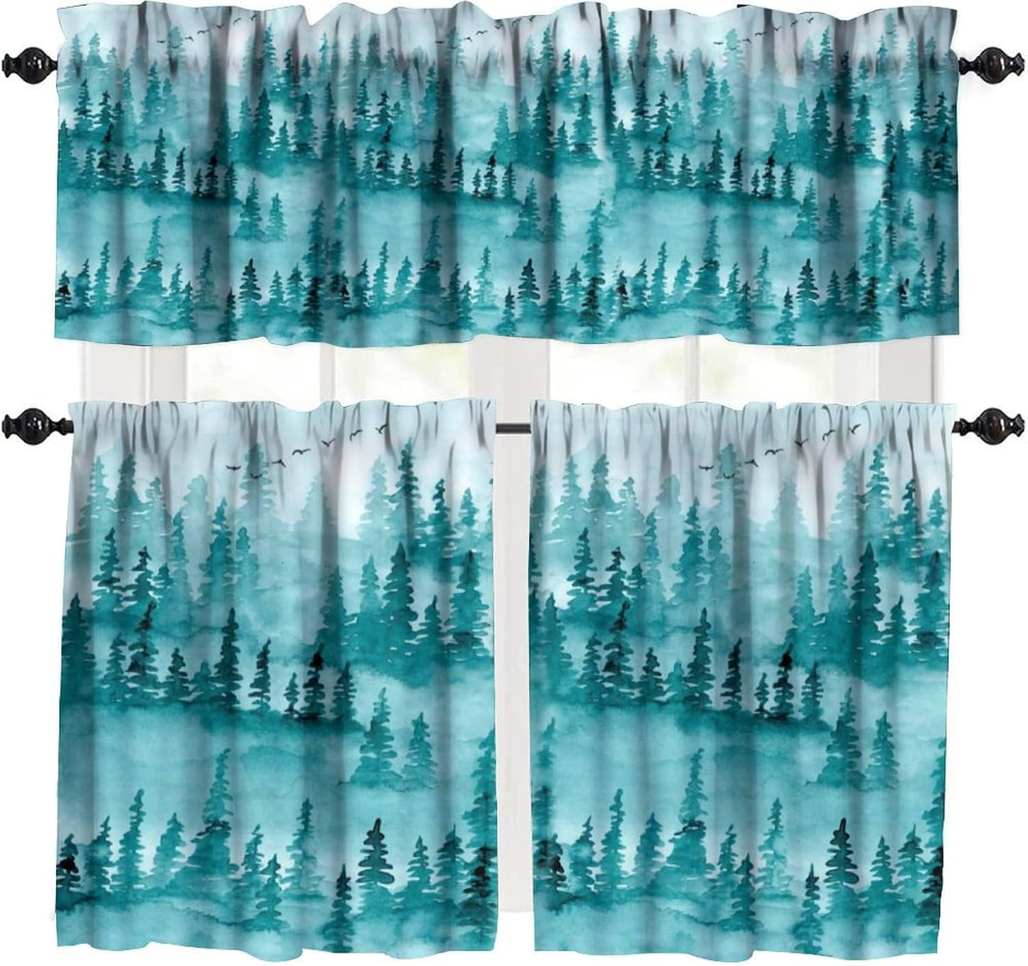 Forest Kitchen Valance Curtains Set of 3,Watercolor Woodland Forest ...