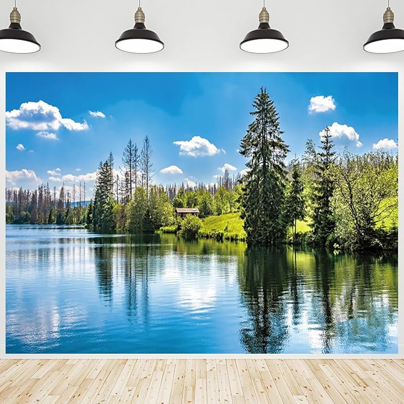 Forest Lake Backdrop Blue Sky Clouds Green Trees Spring Nature Scenery ...