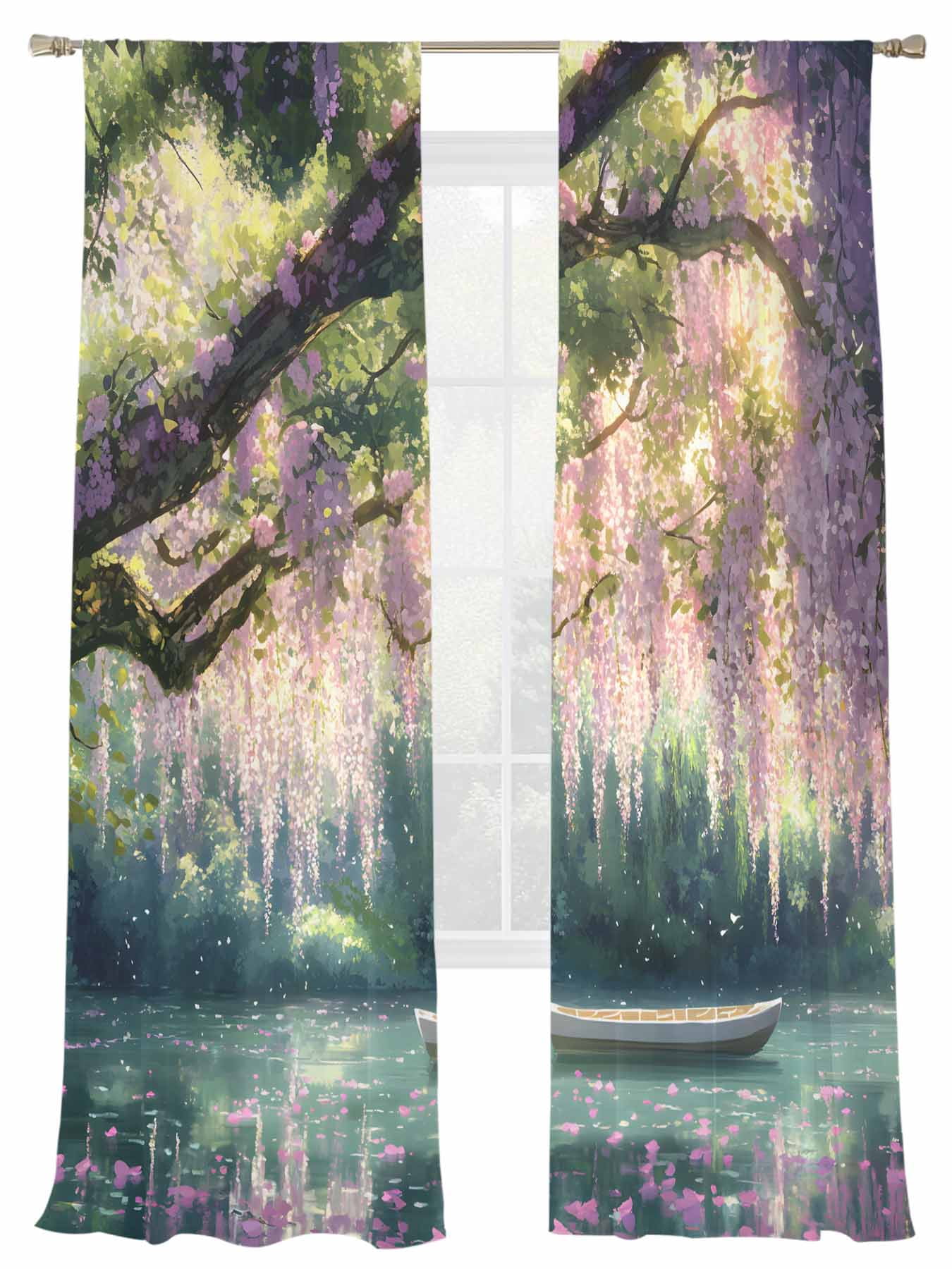 Forest Lake Sheer Curtains 2 Panels Set Boat Flowers Sheer Window ...