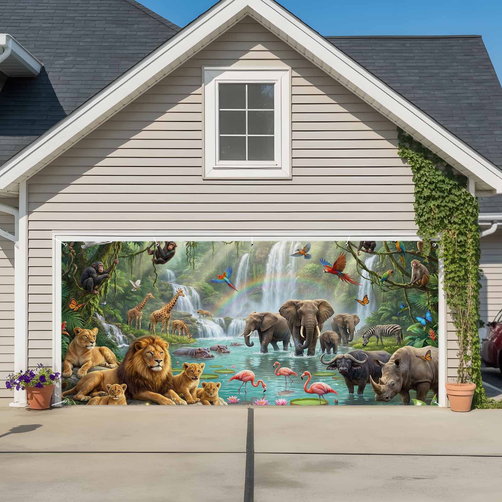 Forest Landscape Garage Door Banner Covers, Tropical Elephants Lions ...
