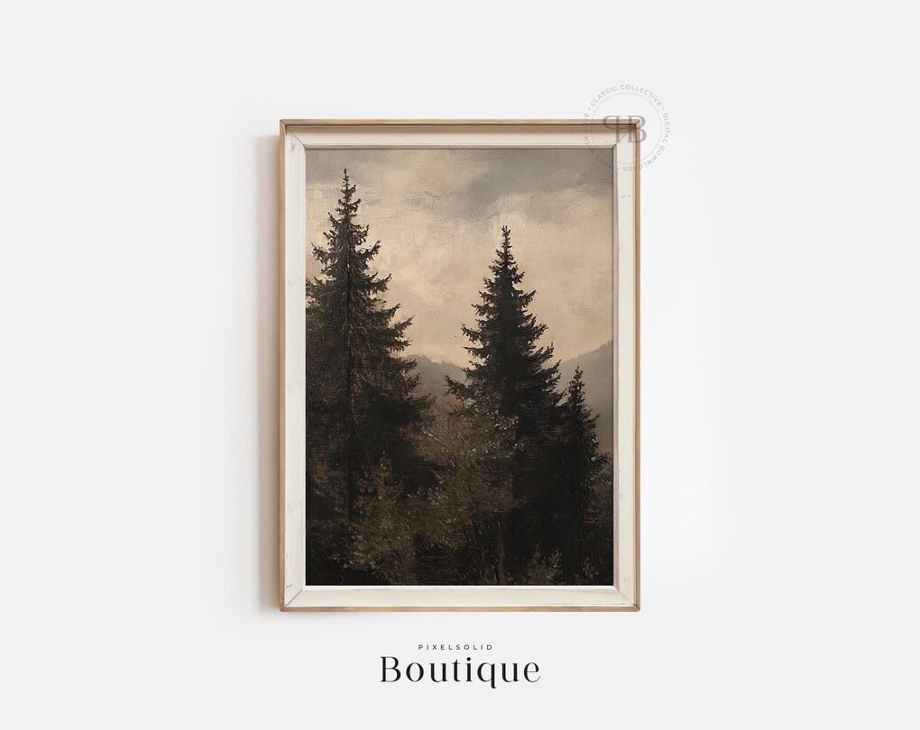 Forest Landscape Print Pine Tree Painting Moody Nature Wall Art Rustic ...