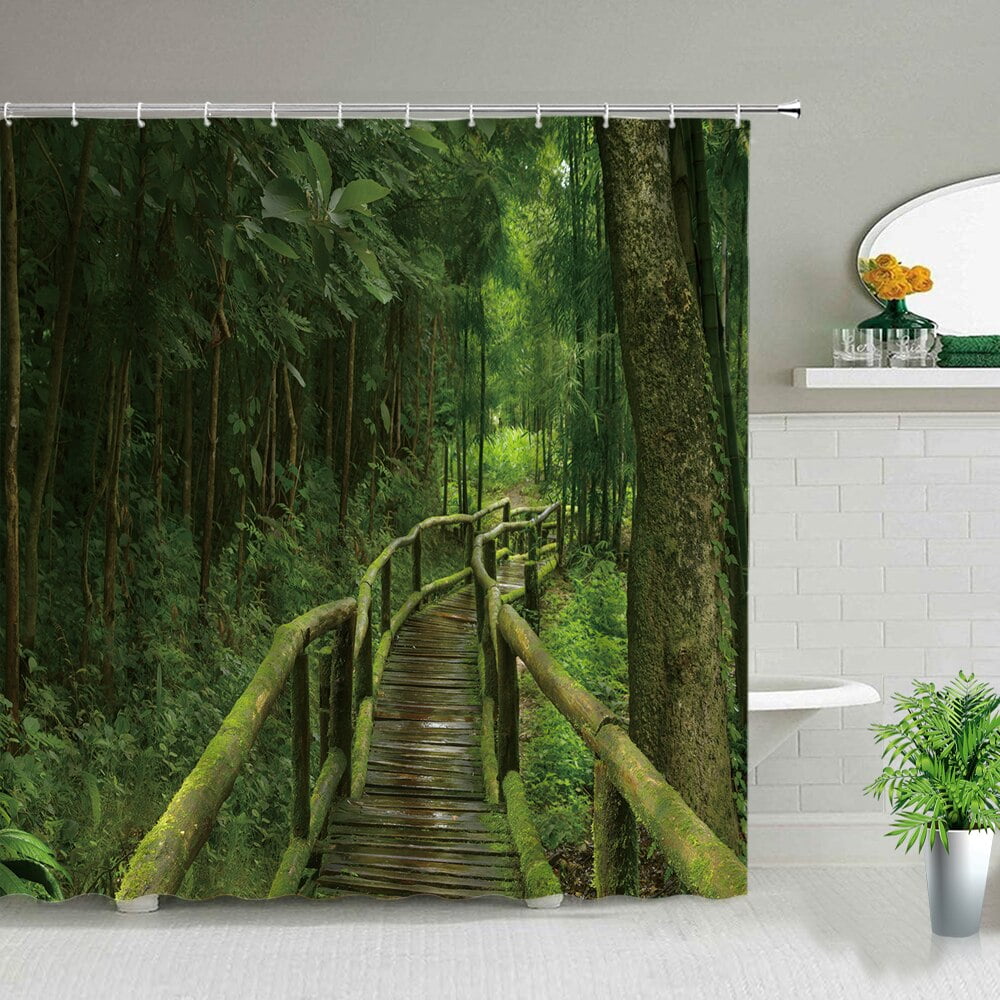 Forest Landscape Shower Curtains Green Tropical Plant Palm Tree Flower