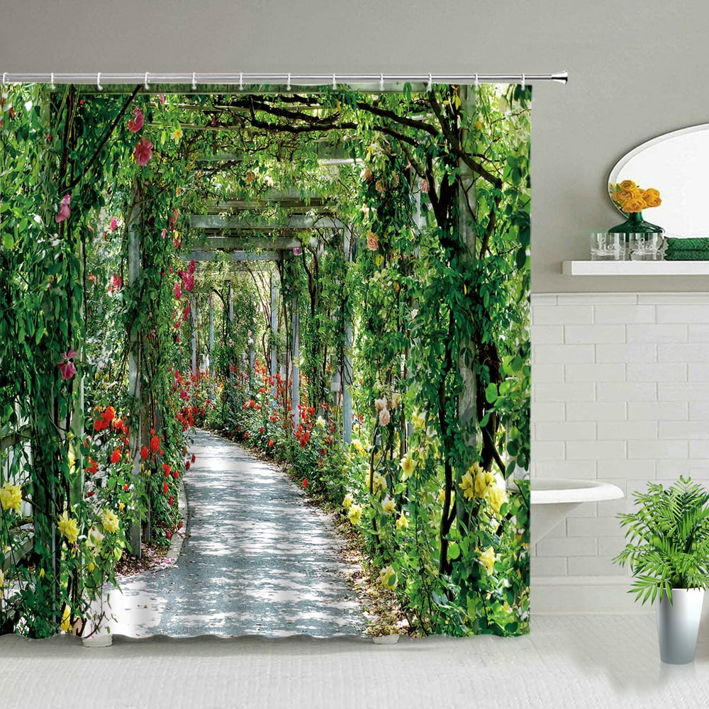 Forest Landscape Shower Curtains Green Tropical Plant Palm Tree Flower
