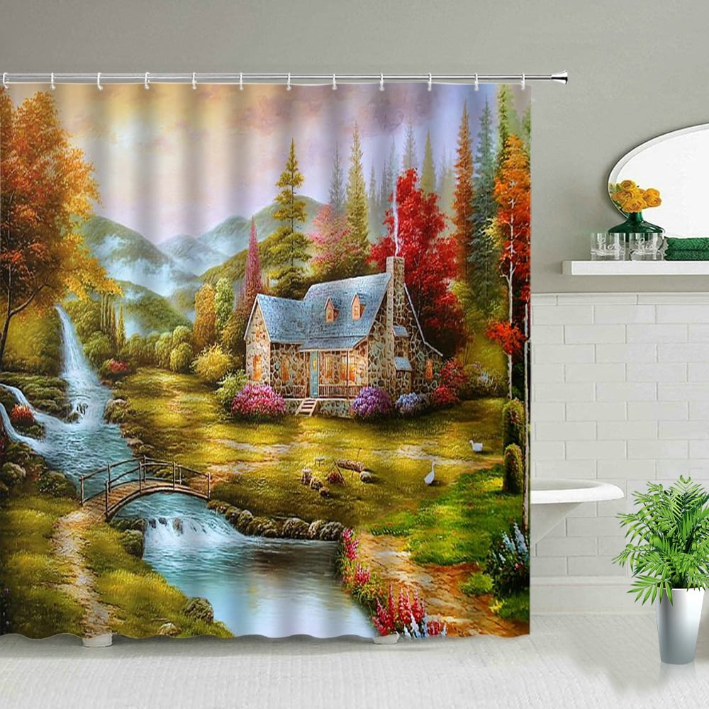 Forest Landscape Shower Curtains Green Tropical Plant Palm Tree Flower