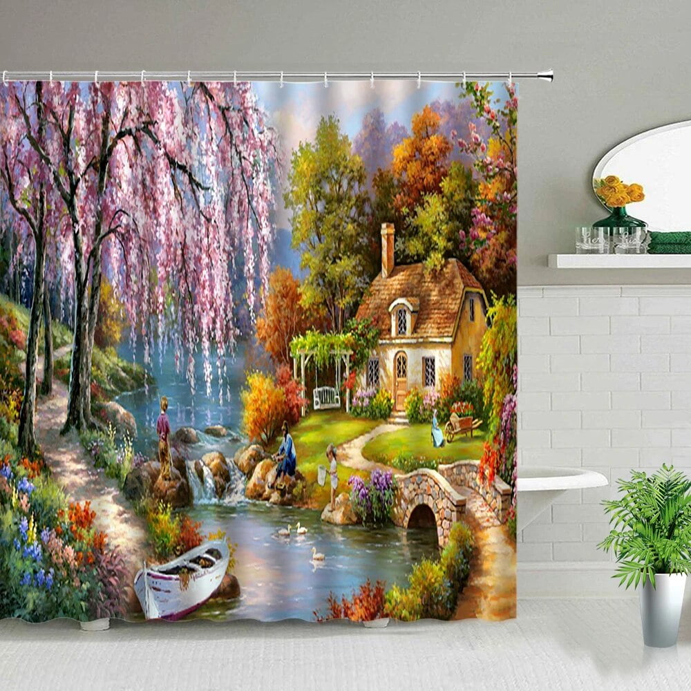 Forest Landscape Shower Curtains Green Tropical Plant Palm Tree Flower