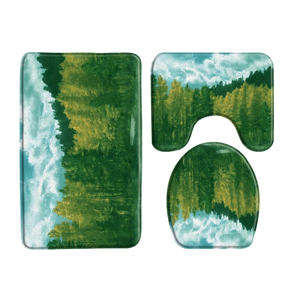 Forest Landscape Shower Curtains Hooks And Toilet Mat 3-Piece Sets Anti ...