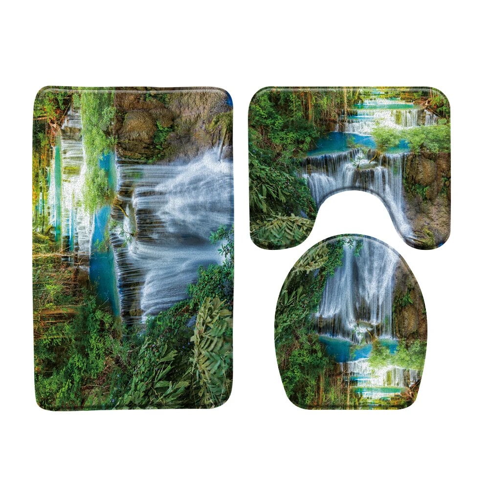 Forest Landscape Shower Curtains Hooks And Toilet Mat 3-Piece Sets Anti ...