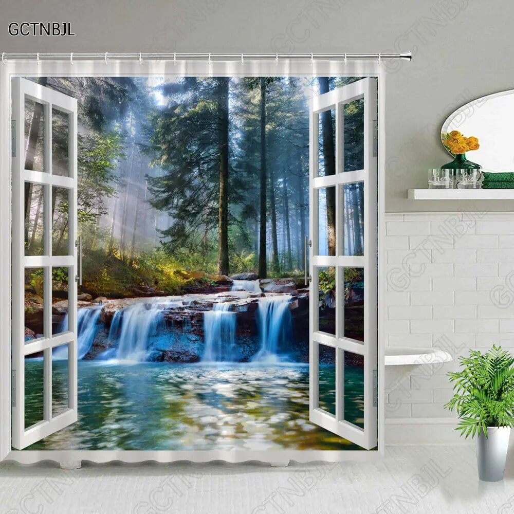 Forest Landscape Shower Curtains Tree Waterfall Mount Fuji Scenery ...