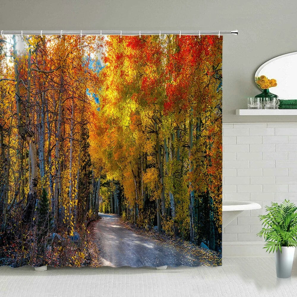 Forest Landscape Shower Curtains Tree Waterfall Mount Fuji Scenery ...