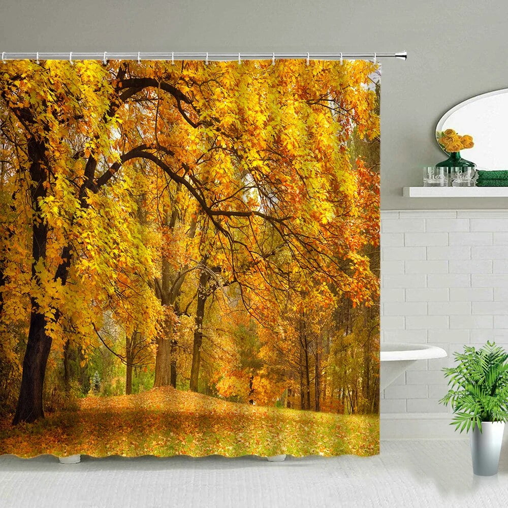 Forest Landscape Shower Curtains Tree Waterfall Mount Fuji Scenery ...
