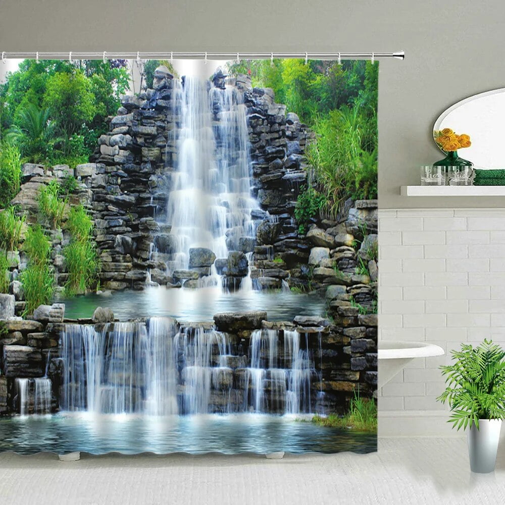 Forest Landscape Shower Curtains Tree Waterfall Mount Fuji Scenery ...