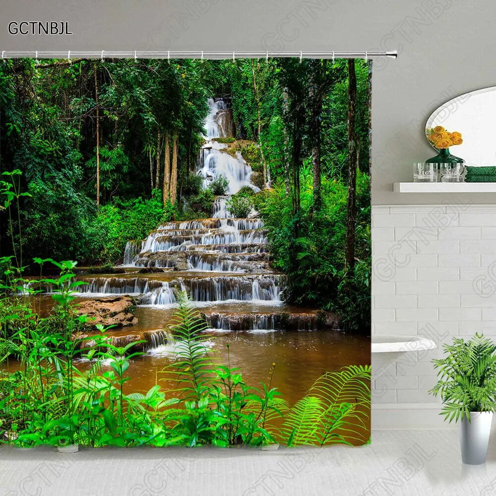 Forest Landscape Shower Curtains Tree Waterfall Mount Fuji Scenery ...