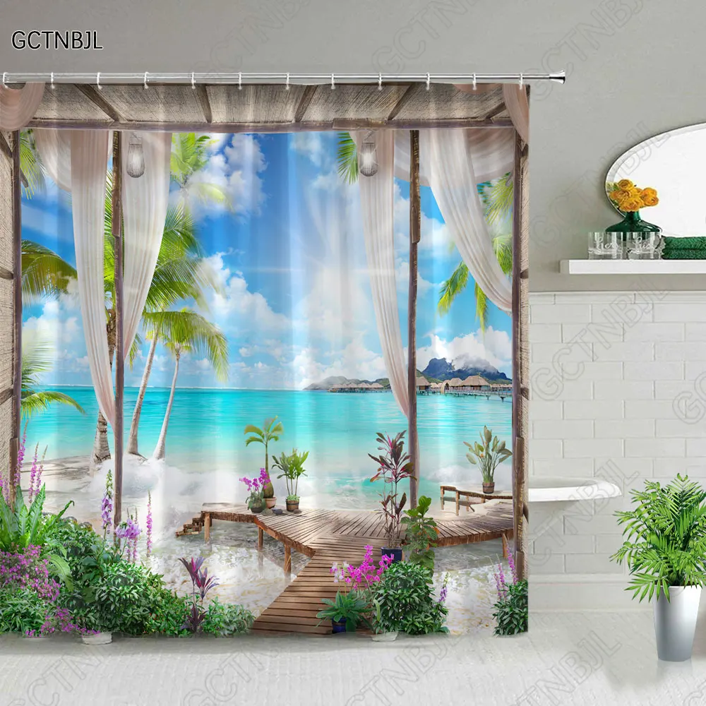 Forest Landscape Shower Curtains Tree Waterfall Mount Fuji Scenery ...