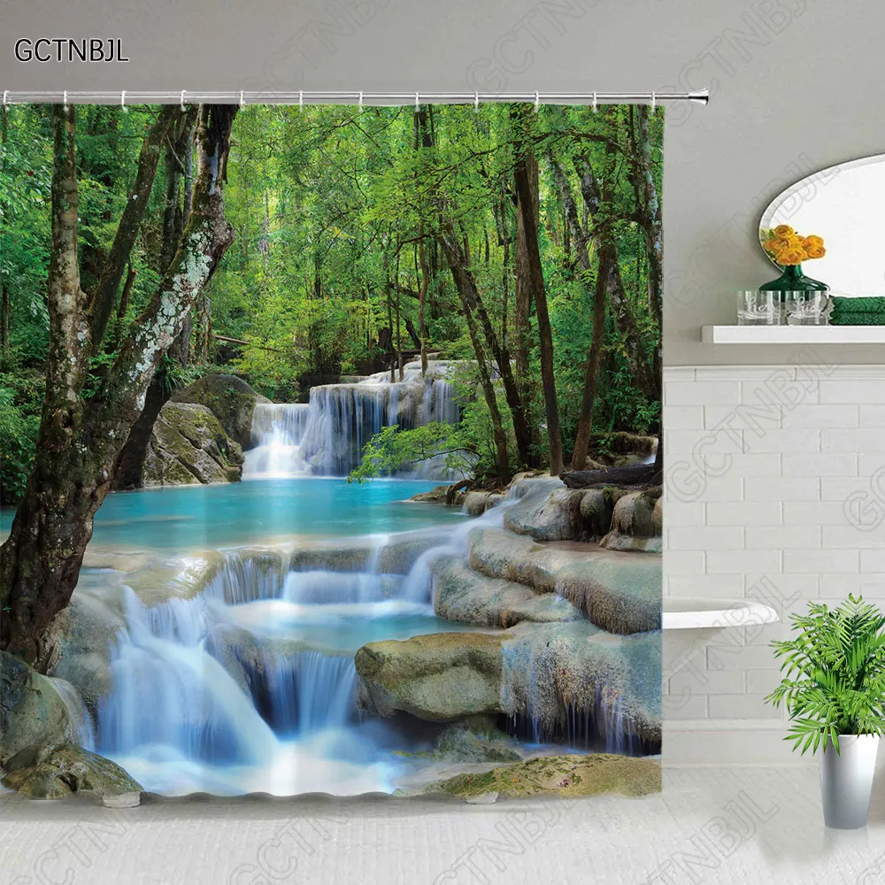 Forest Landscape Shower Curtains Tree Waterfall Mount Fuji Scenery ...