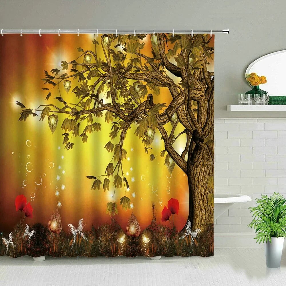 Forest Landscape Shower Curtains Tree Waterfall Mount Fuji Scenery ...