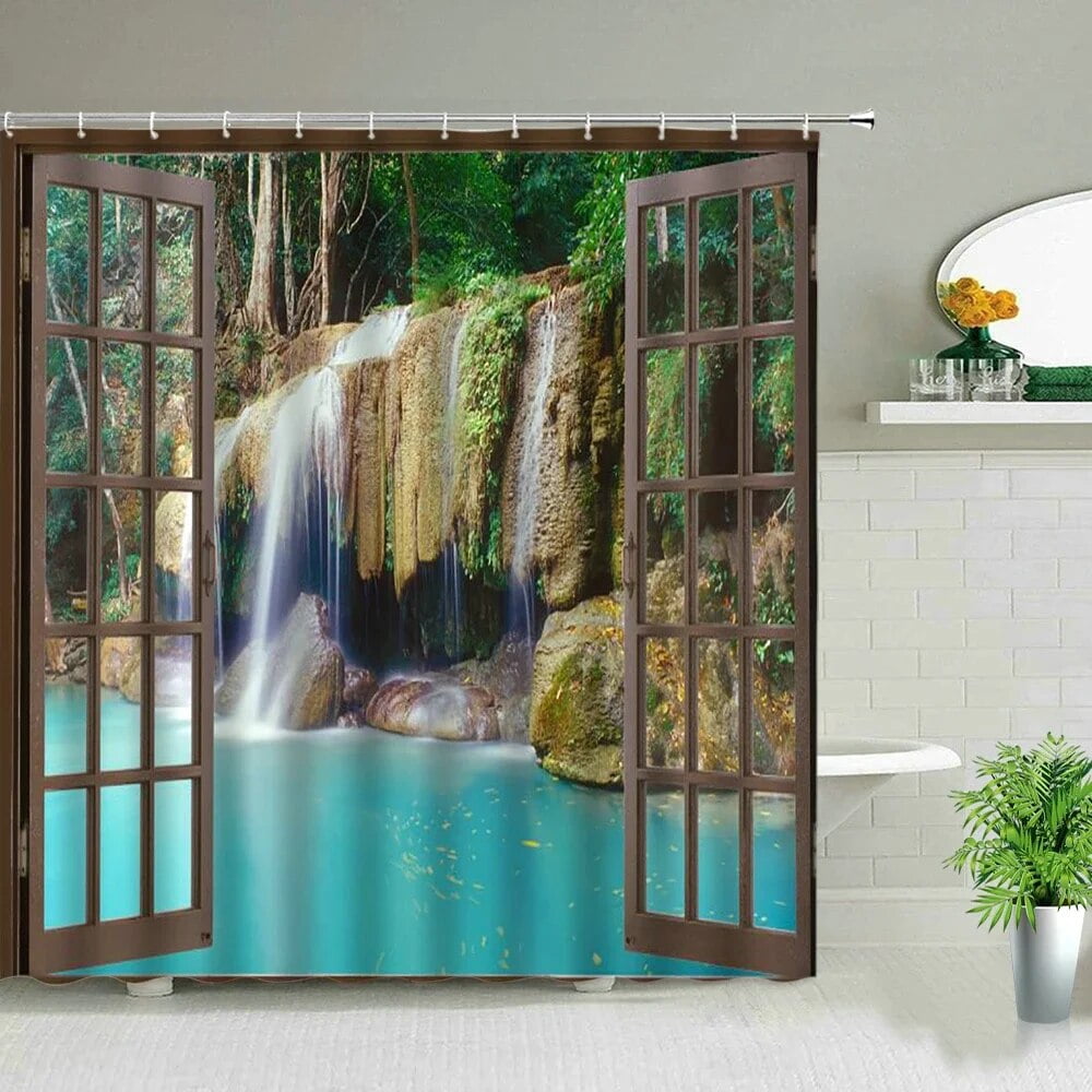Forest Landscape Shower Curtains Tree Waterfall Mount Fuji Scenery ...