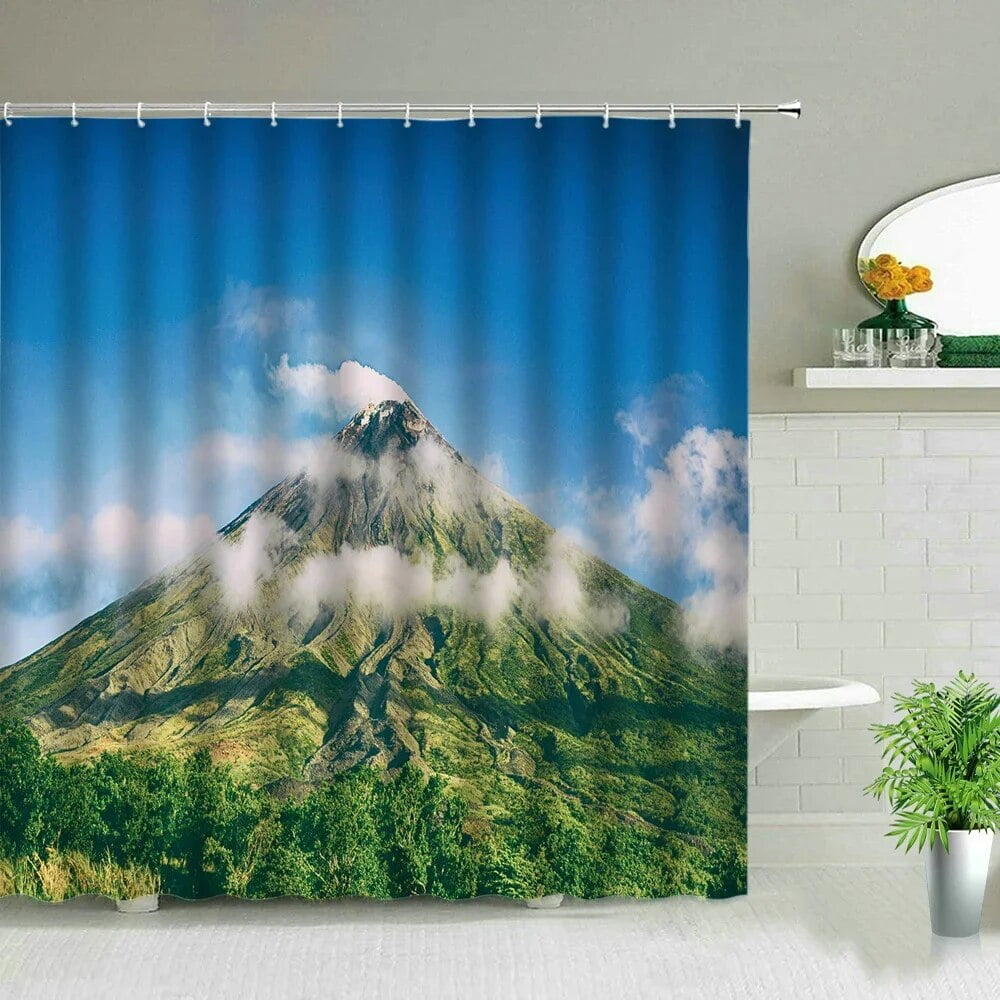 Forest Landscape Shower Curtains Tree Waterfall Mount Fuji Scenery ...