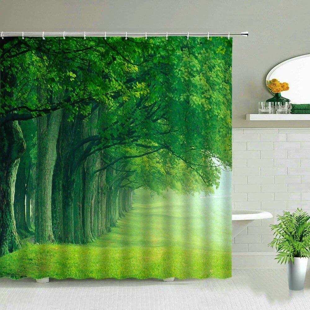 Forest Landscape Shower Curtains Tree Waterfall Mount Fuji Scenery ...