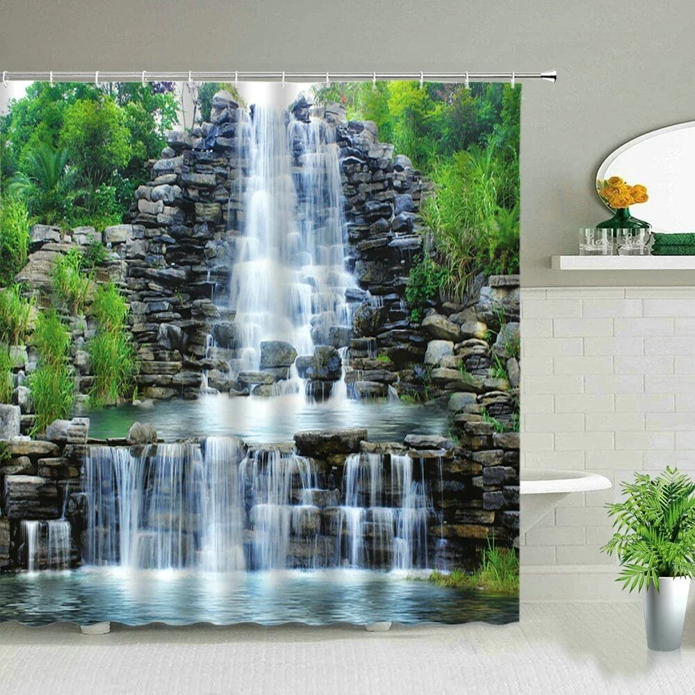 Forest Landscape Shower Curtains Tree Waterfall Mount Fuji Scenery