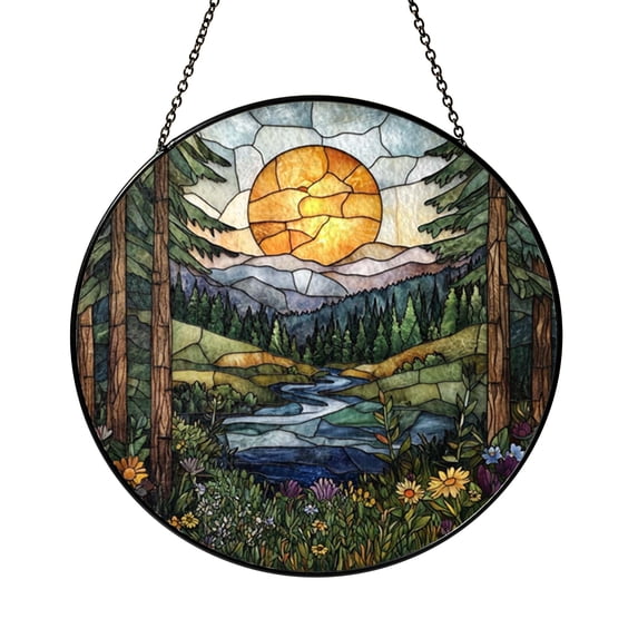 Forest Landscape Stained Glass Style Suncatcher Window Decor, Mountain ...