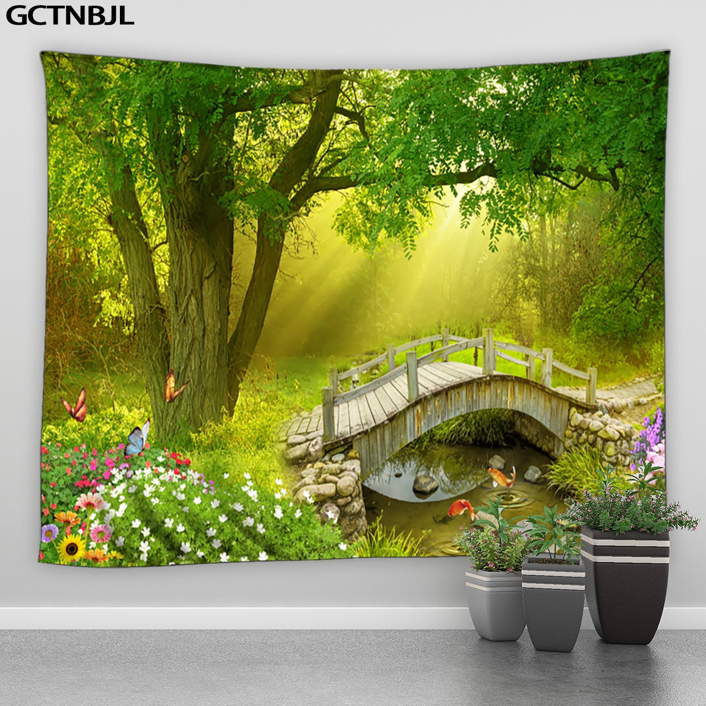 Forest Landscape Tapestry Wall Hanging Wooden Bridge Over the Pond in a ...