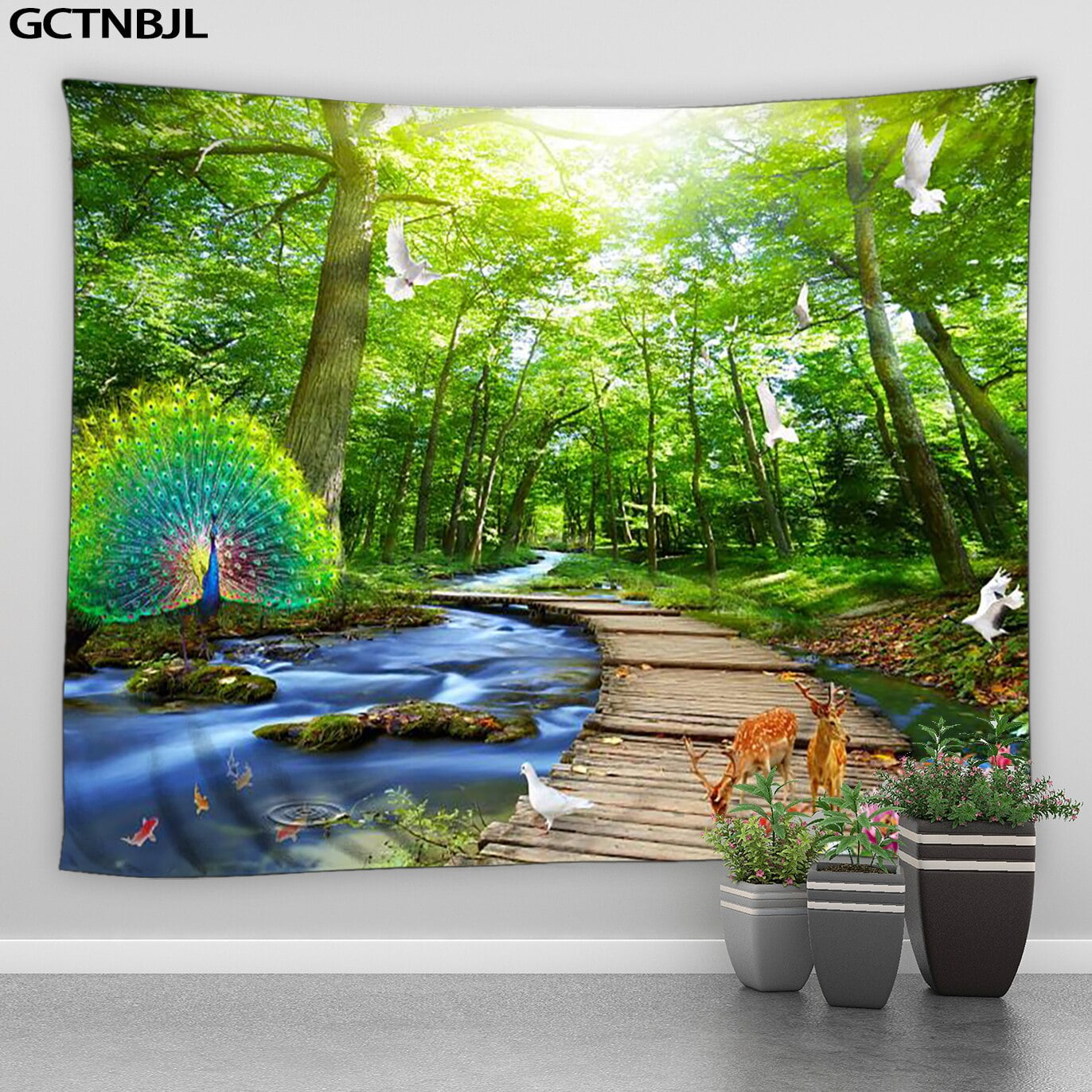 Forest Landscape Tapestries Wall Hanging Rainforest River Wooden Bridge ...