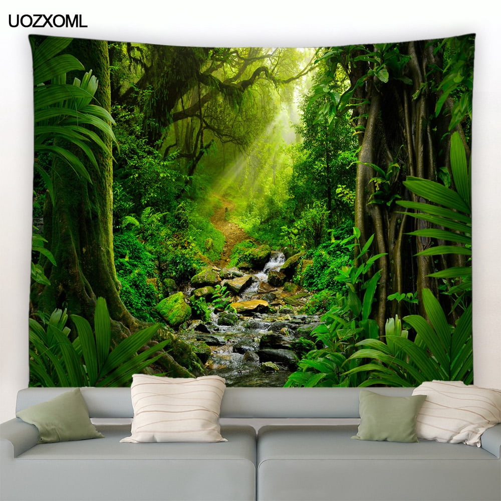 Forest Landscape Tapestry Tropical Rainforest Green Plants Wood Bridge ...