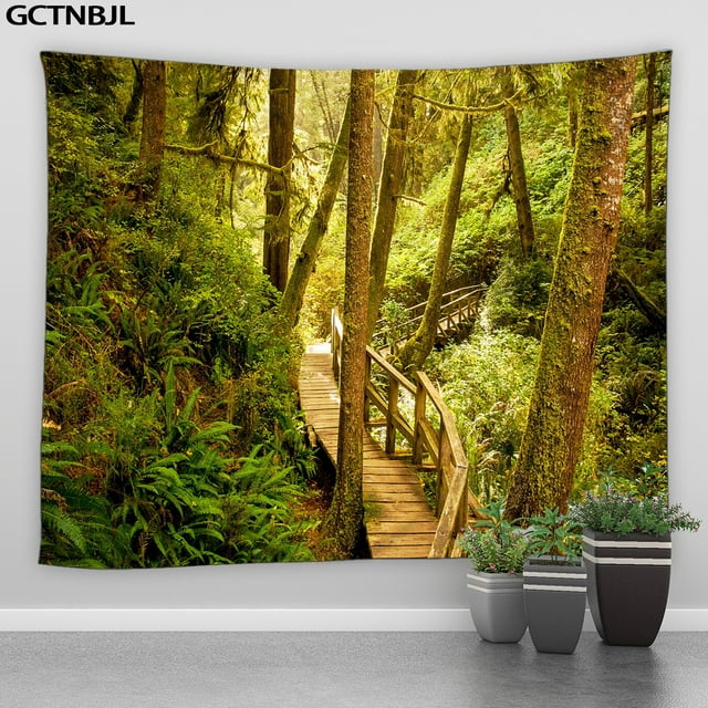 Forest Landscape Tapestry Wall Hanging Wooden Bridge Over the Pond in a ...