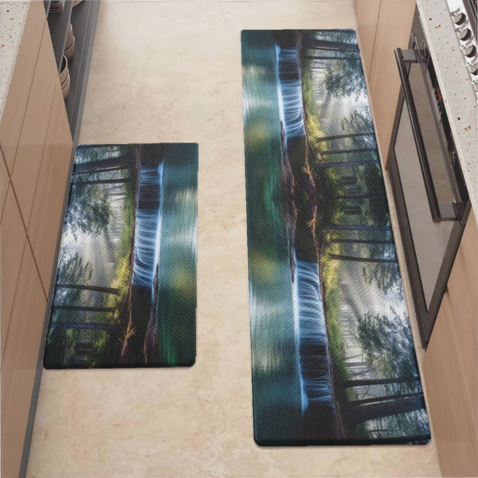 Forest Landscape Tree Waterfall Mount Fuji Scenery 2 Pvc Kitchen Mat ...