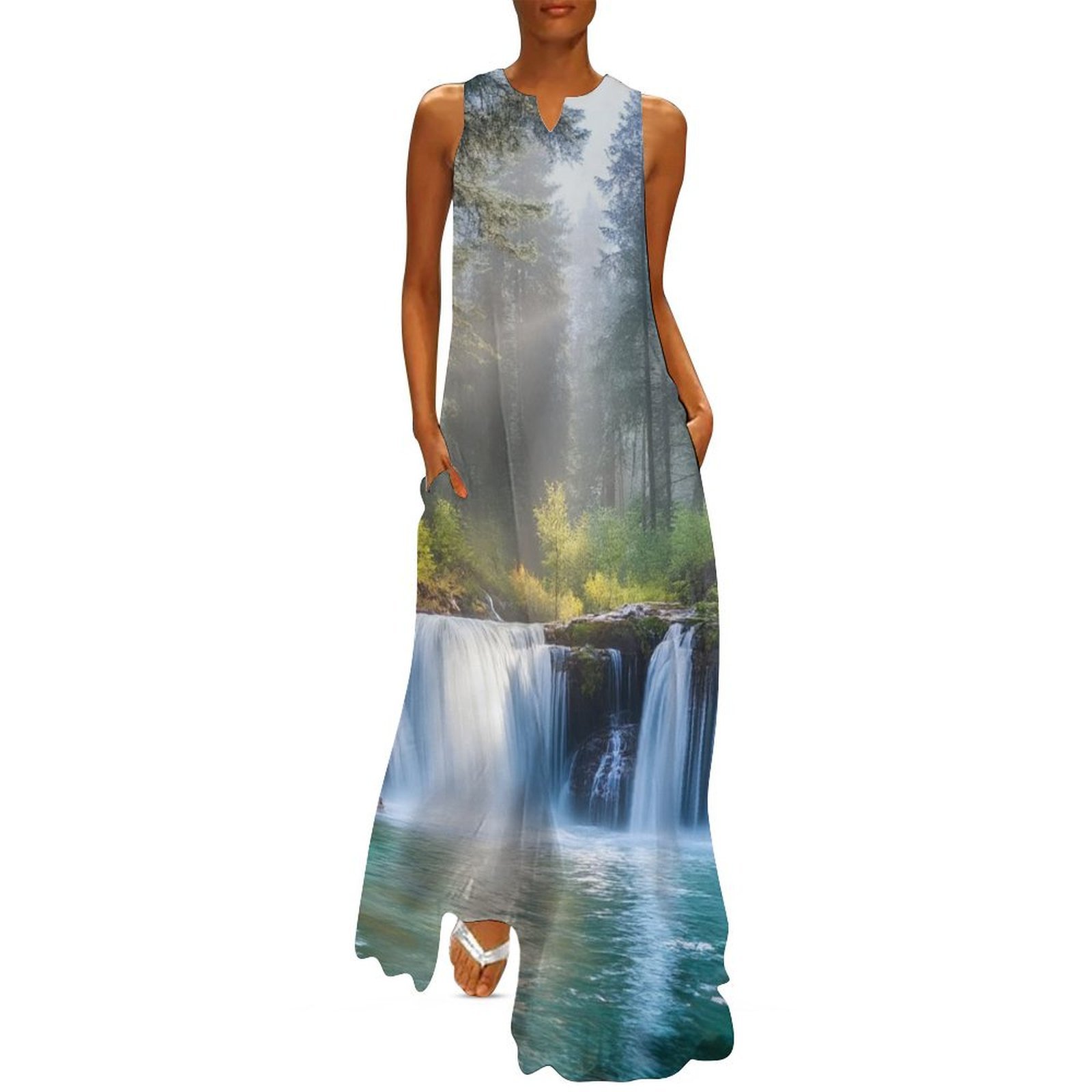 Forest Landscape Tree Waterfall Mount Fuji Scenery Long Dress Women's ...