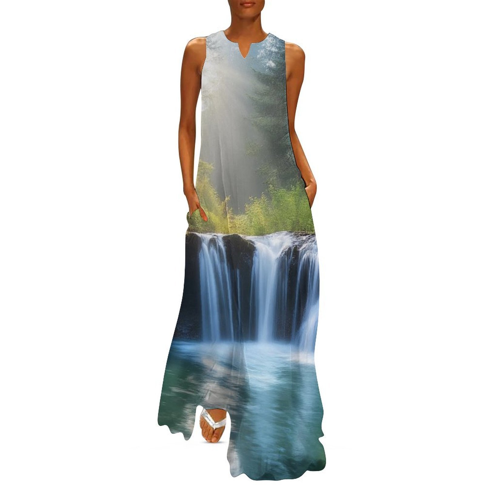 Forest Landscape Tree Waterfall Mount Fuji Scenery Long Dress Women's ...