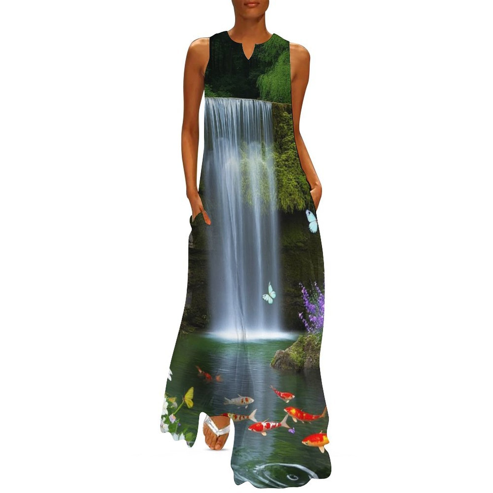 Forest Landscape Tree Waterfall Mount Fuji Scenery Long Dress Women's ...