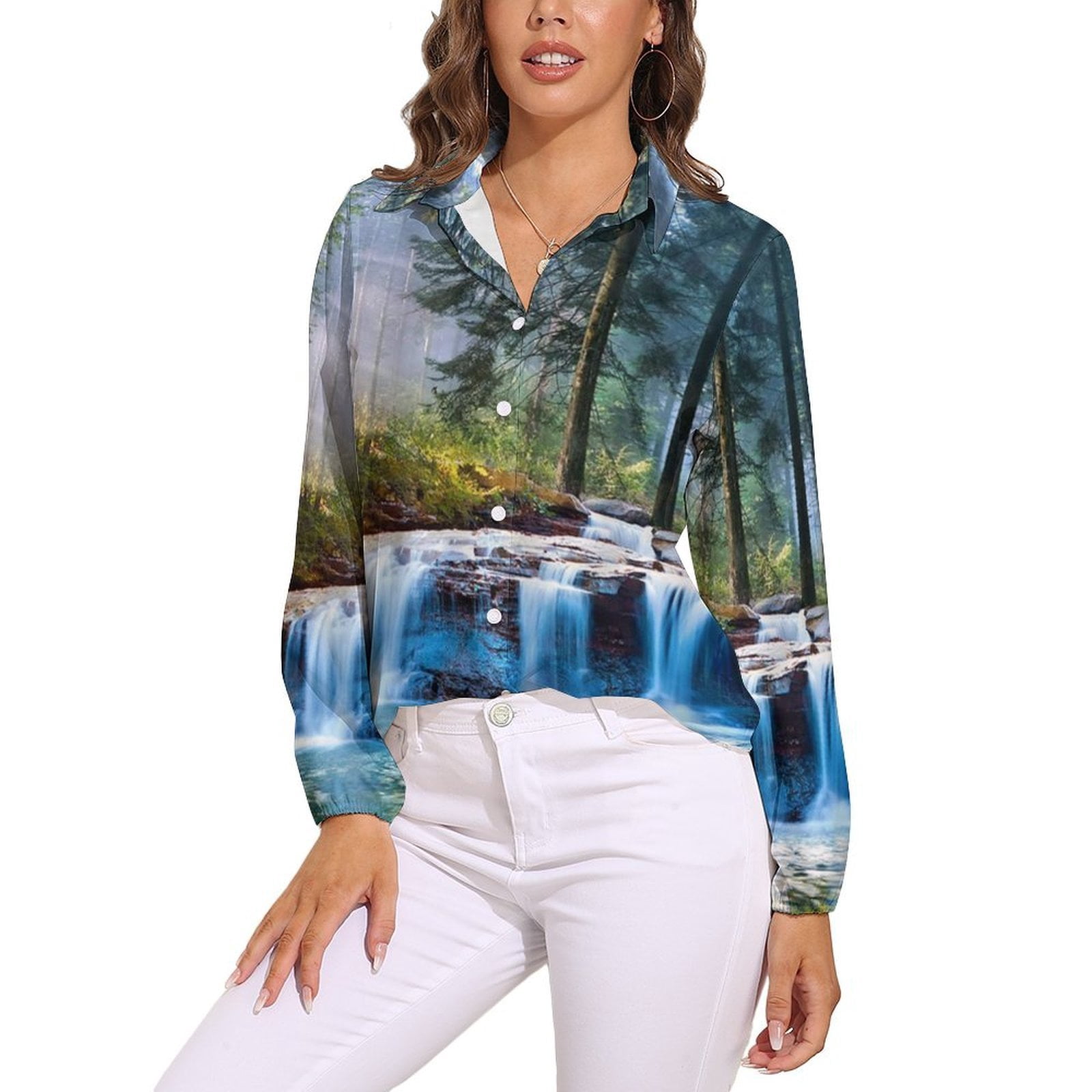 Forest Landscape Tree Waterfall Mount Fuji Scenery Long Sleeve Blouse ...