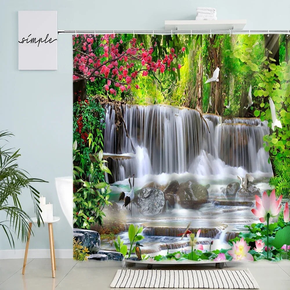 Forest Landscape Waterfall Shower Curtain Window Plant Trees Pink Lotus ...