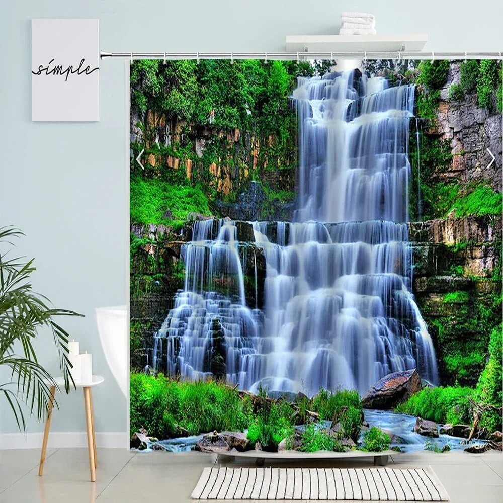 Forest Landscape Waterfall Shower Curtain Window Plant Trees Pink Lotus ...