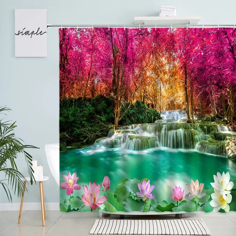 Forest Landscape Waterfall Shower Curtain Window Plant Trees Pink Lotus