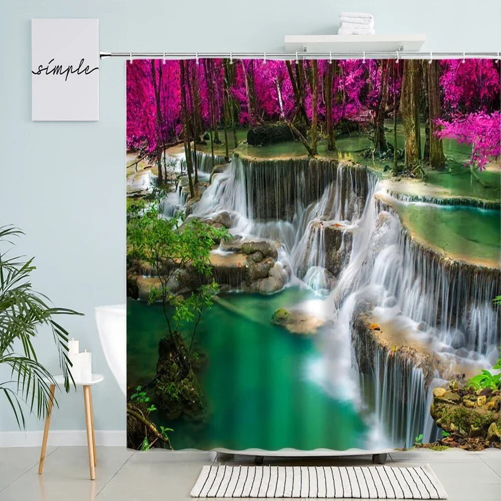 Forest Landscape Waterfall Shower Curtain Window Plant Trees Pink Lotus ...