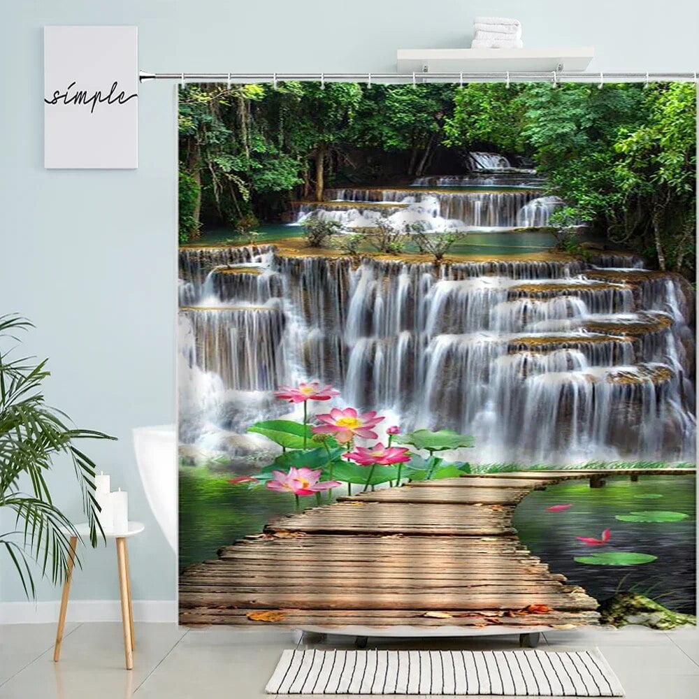 Forest Landscape Waterfall Shower Curtain Window Plant Trees Pink Lotus ...