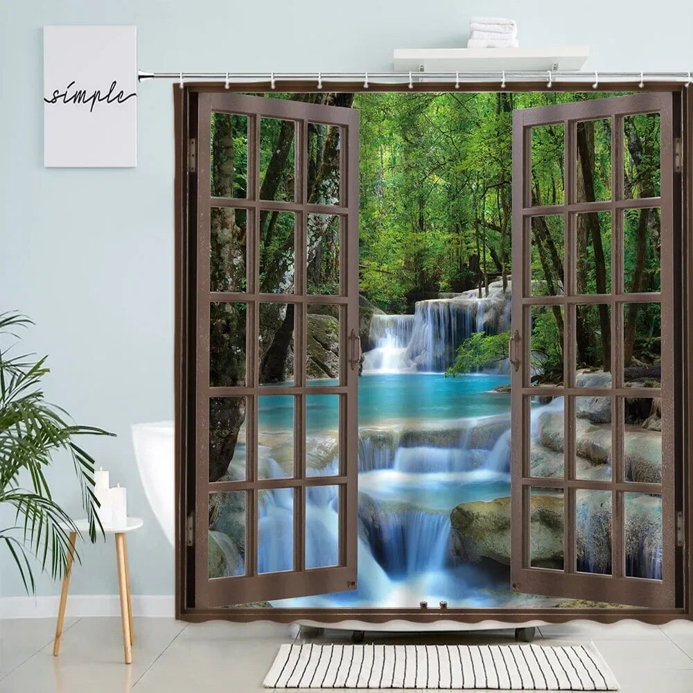Forest Landscape Waterfall Shower Curtain Window Plant Trees Pink Lotus ...