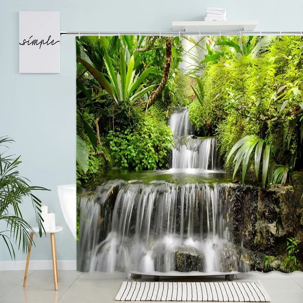 Forest Landscape Waterfall Shower Curtain Window Plant Trees Pink Lotus ...