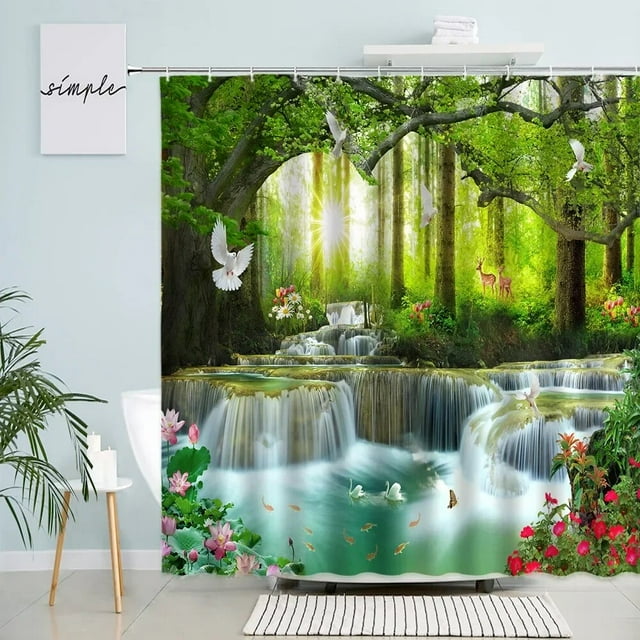 Forest Landscape Waterfall Shower Curtain Window Plant Trees Pink Lotus